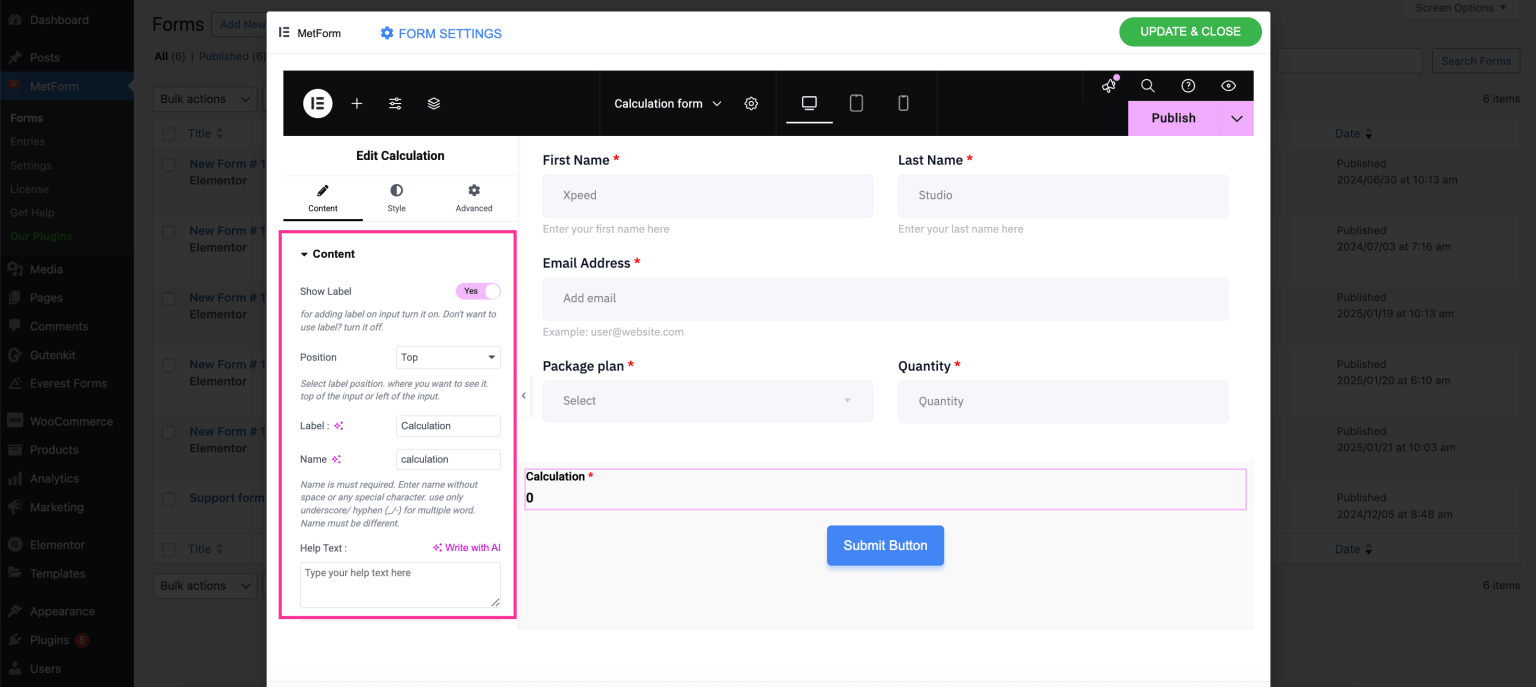 How to Calculate Field Forms in WordPress using Elementor form calculator