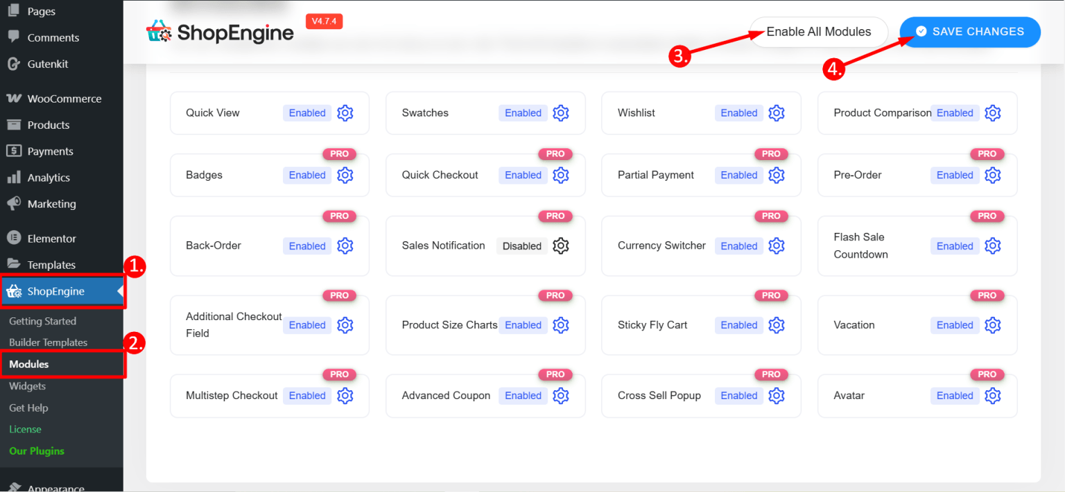 How to Enable All ShopEngine Module - Wpmet