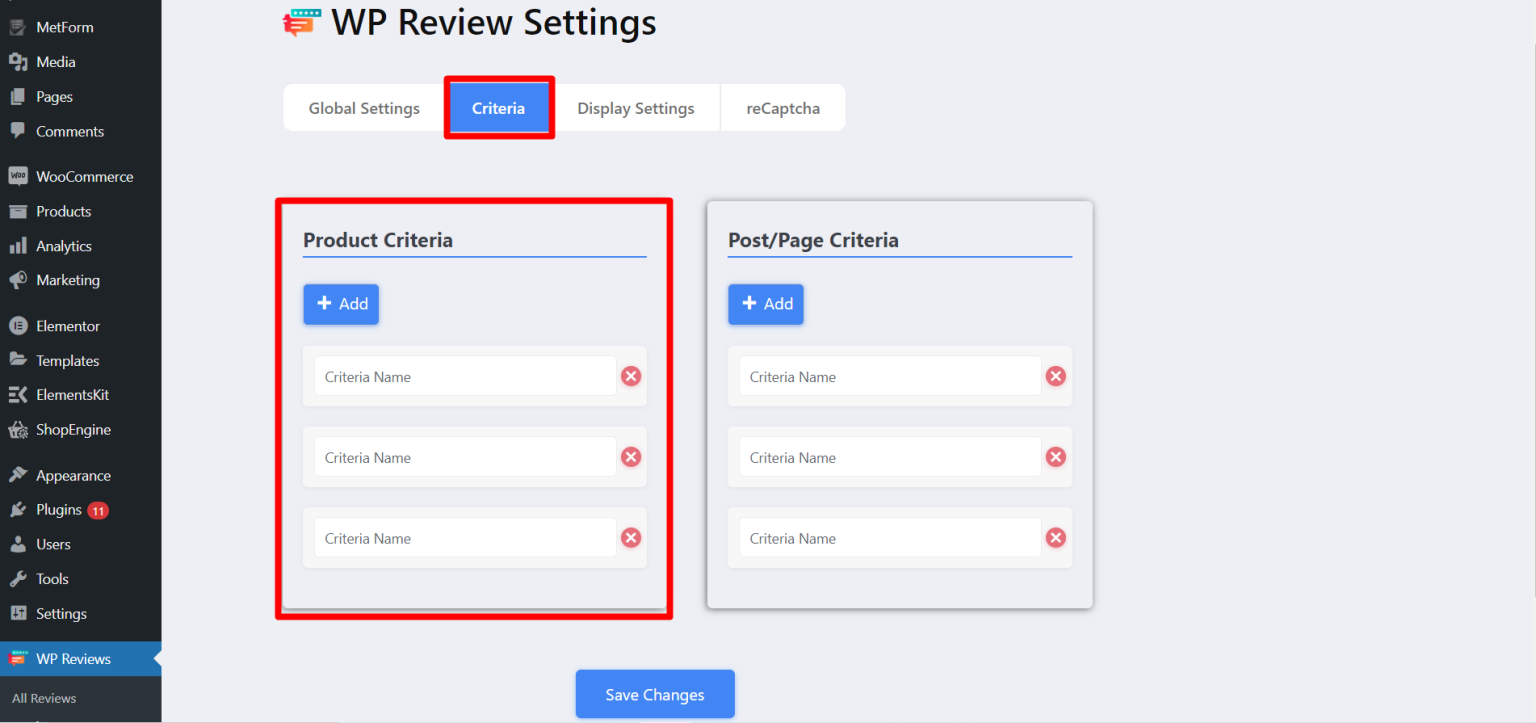 WP Ultimate Review Criteria Settings